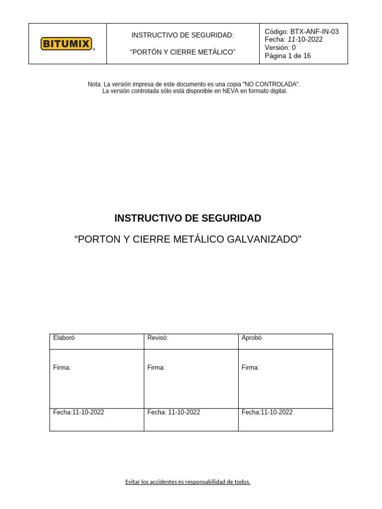 Btx-Anf-In-03 Instructivo Porton y Cierre Metalico Galvanizado | PDF | Hormigón | Seguridad y ...