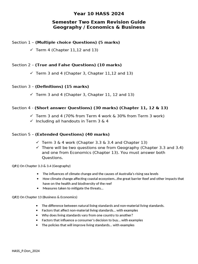 Year 10 HASS 2024 Revision Guide - Semester Two Exam | PDF