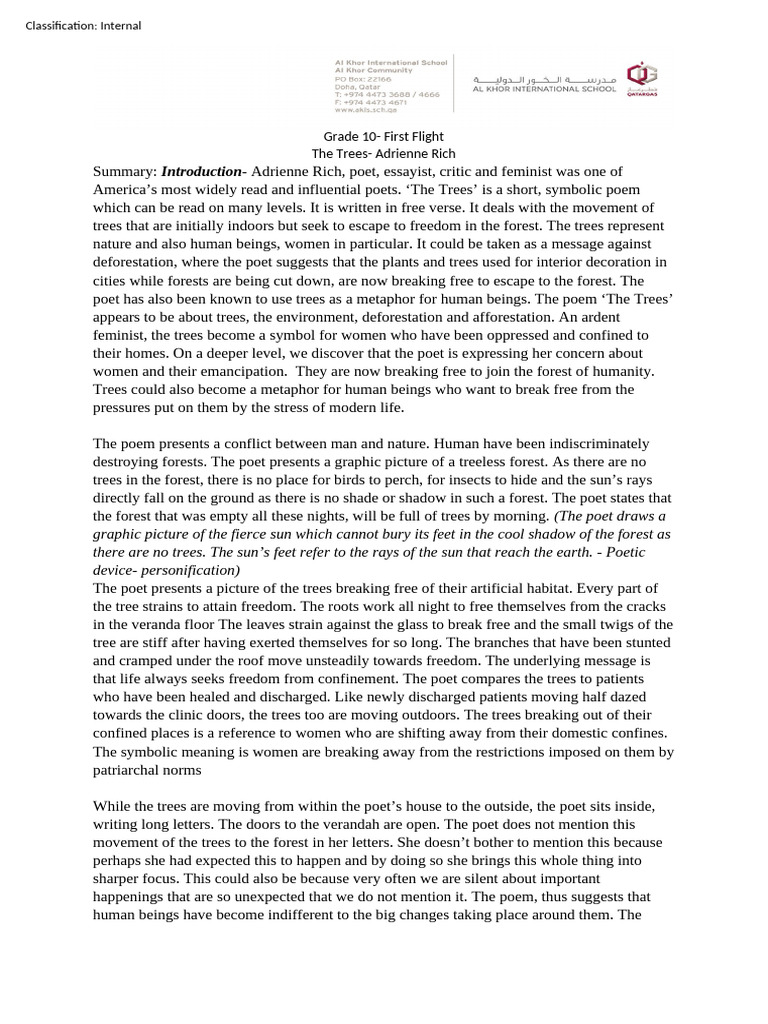 Summary of "The Trees" by Adrienne Rich | PDF | Trees | Forests