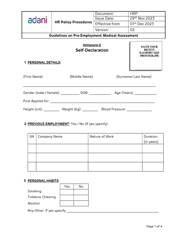 Pre-Employment Medical Assessment Form | PDF | Hypertension | Glasses