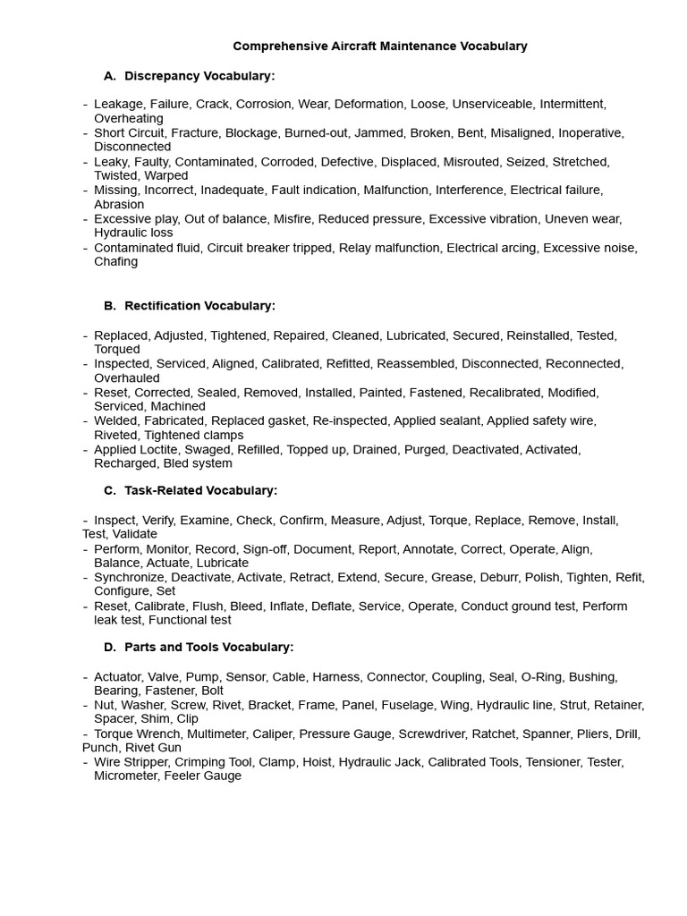 Aircraft Maintenance Vocabulary Guide | PDF | Leak | Rivet