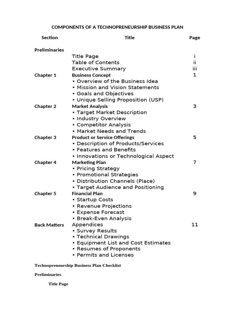 Components of A Technopreneurship Business Plan Milestones Criteria ...