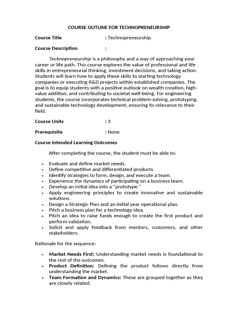 Course Outline For Technopreneurship | PDF | Market Segmentation | Business Model