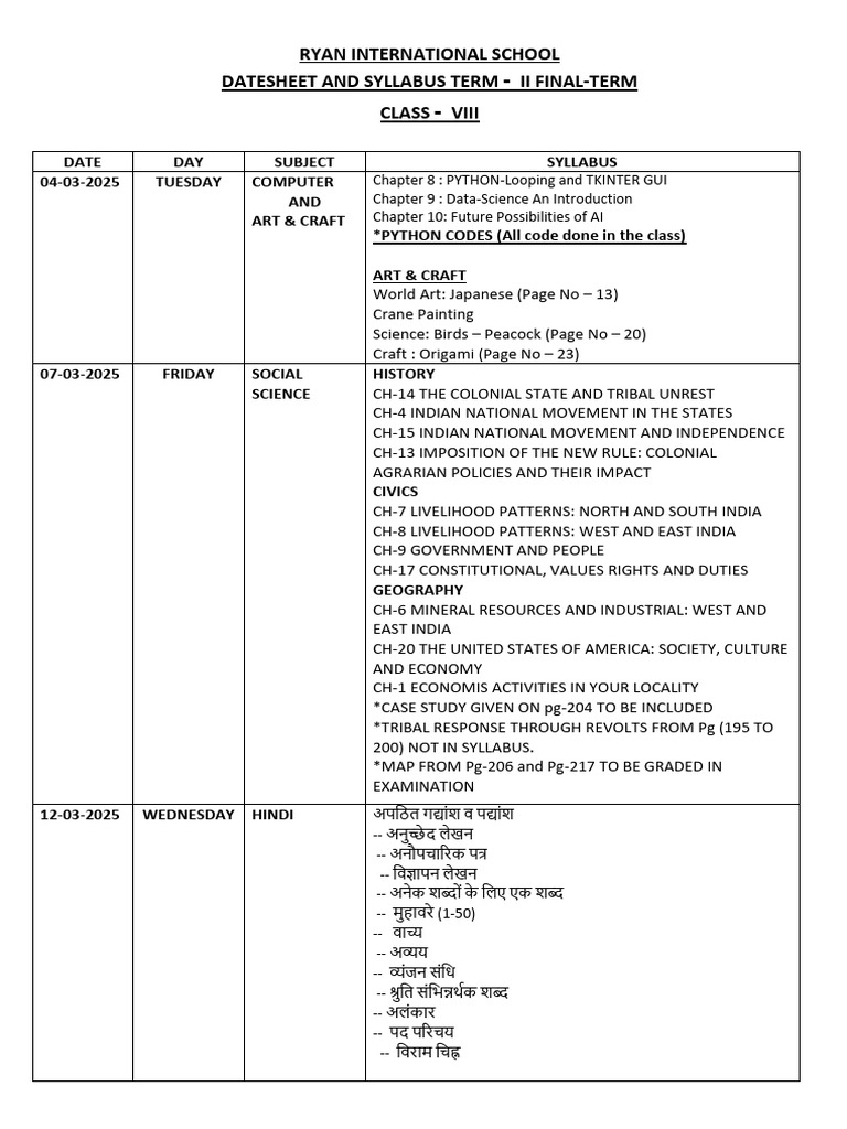 Class - 8 Date Sheet & Syllabus Final Term | PDF | Linguistic ...