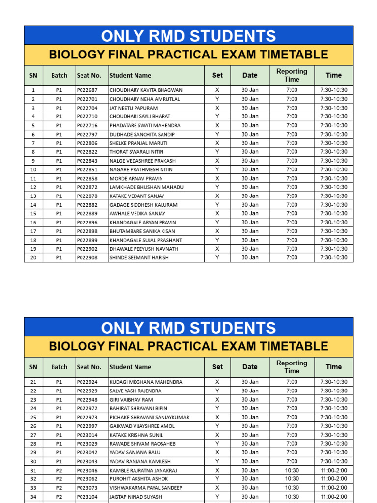 RMD Students Biology Exam Timetable | PDF