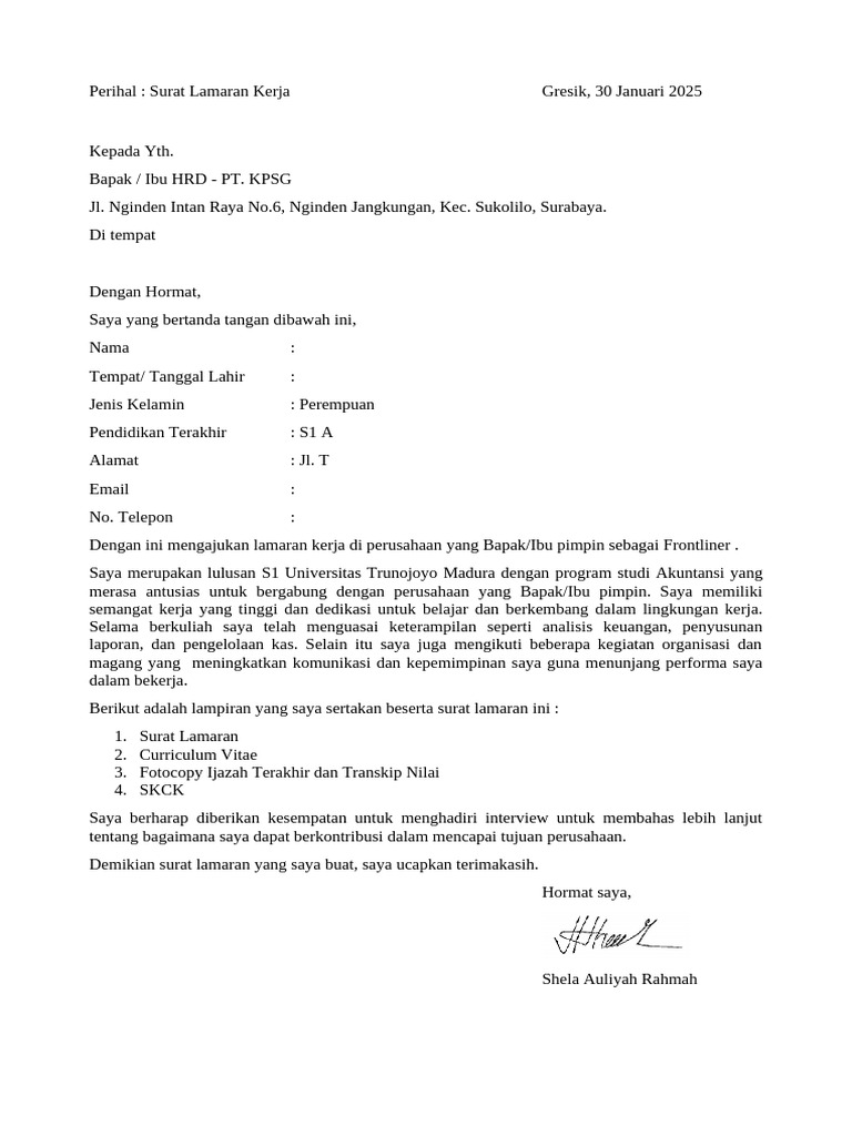 Surat Lamaran KPSG | PDF