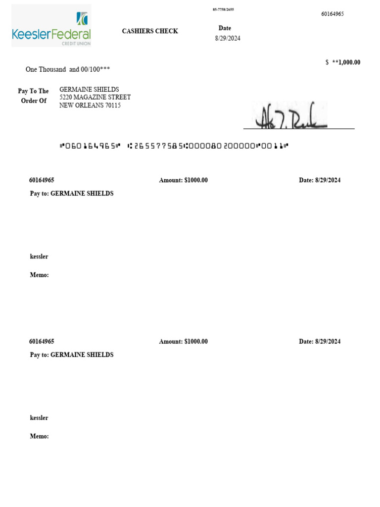 Cashiers Checks Payment Details | PDF