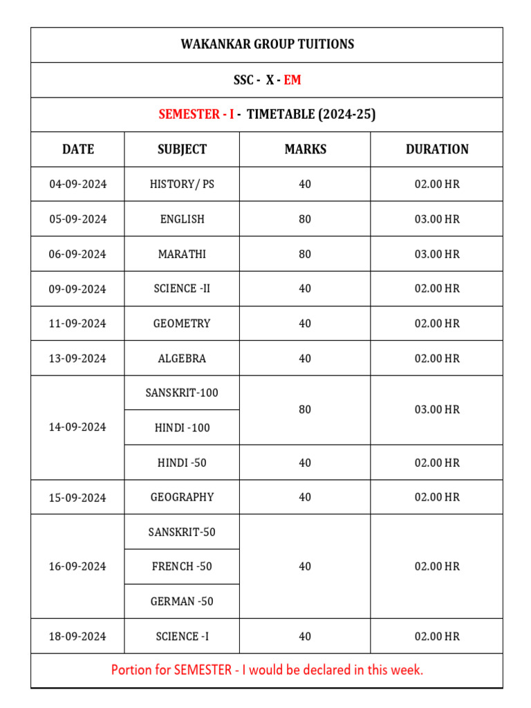 EM Semester - I: Wakankar Group Tuitions SSC - X - TIMETABLE (2024-25 ...