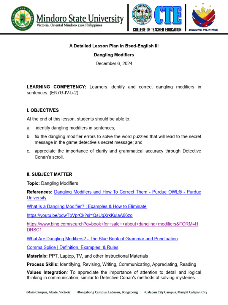 Detailed Lesson Plan - Dangling Modifiers | PDF | Subject (Grammar ...