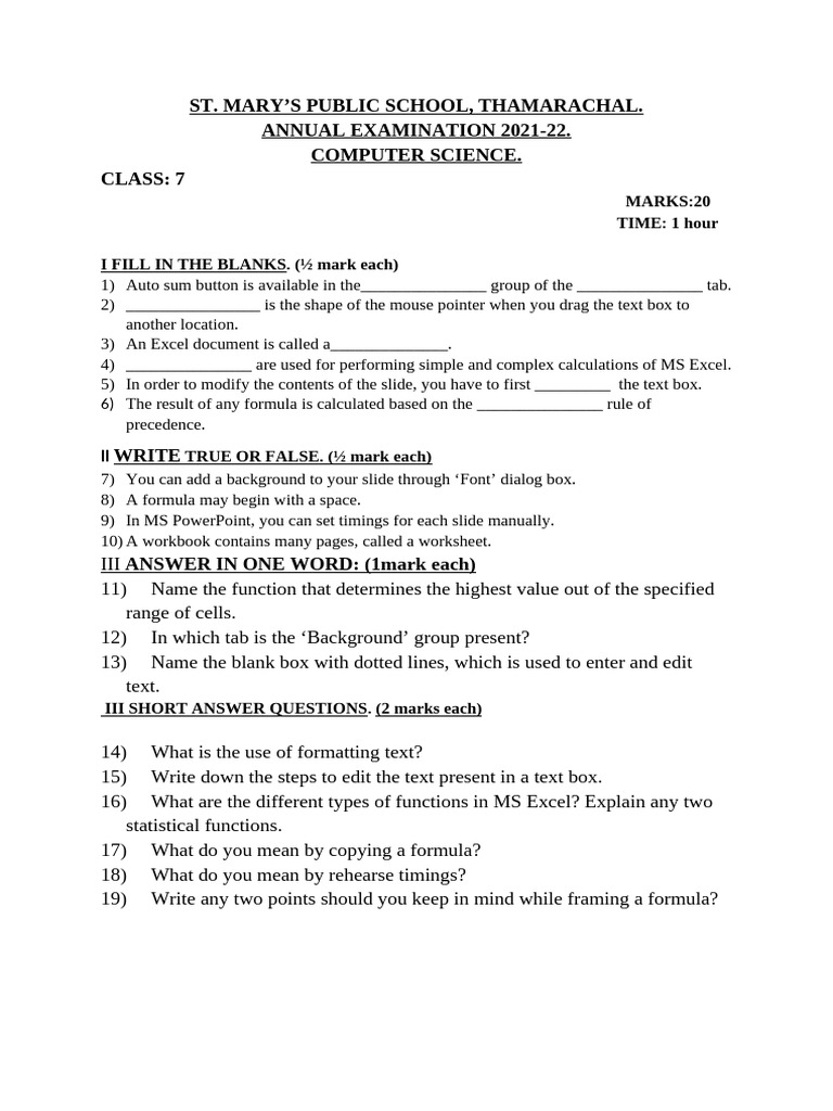 St. Mary'S Public School, Thamarachal. Annual Examination 2021-22 ...