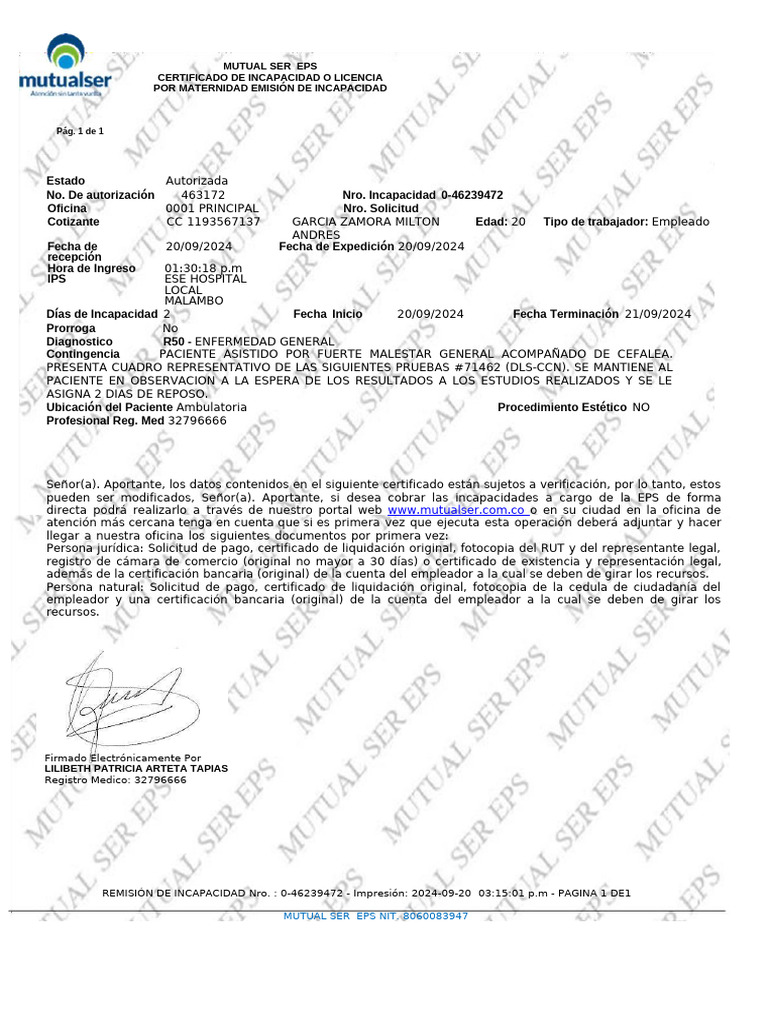 Certificado de Incapacidad Mutual Ser EPS | PDF