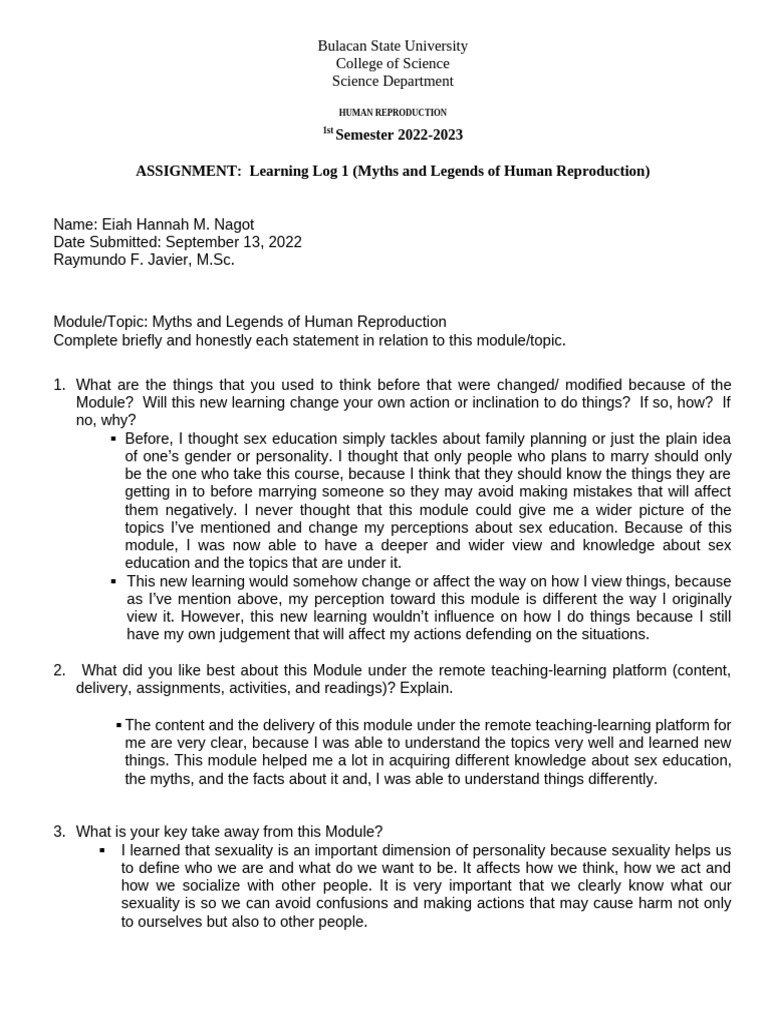 EHN Log 1 Human Reproduction | PDF | Morality | Human Sexuality