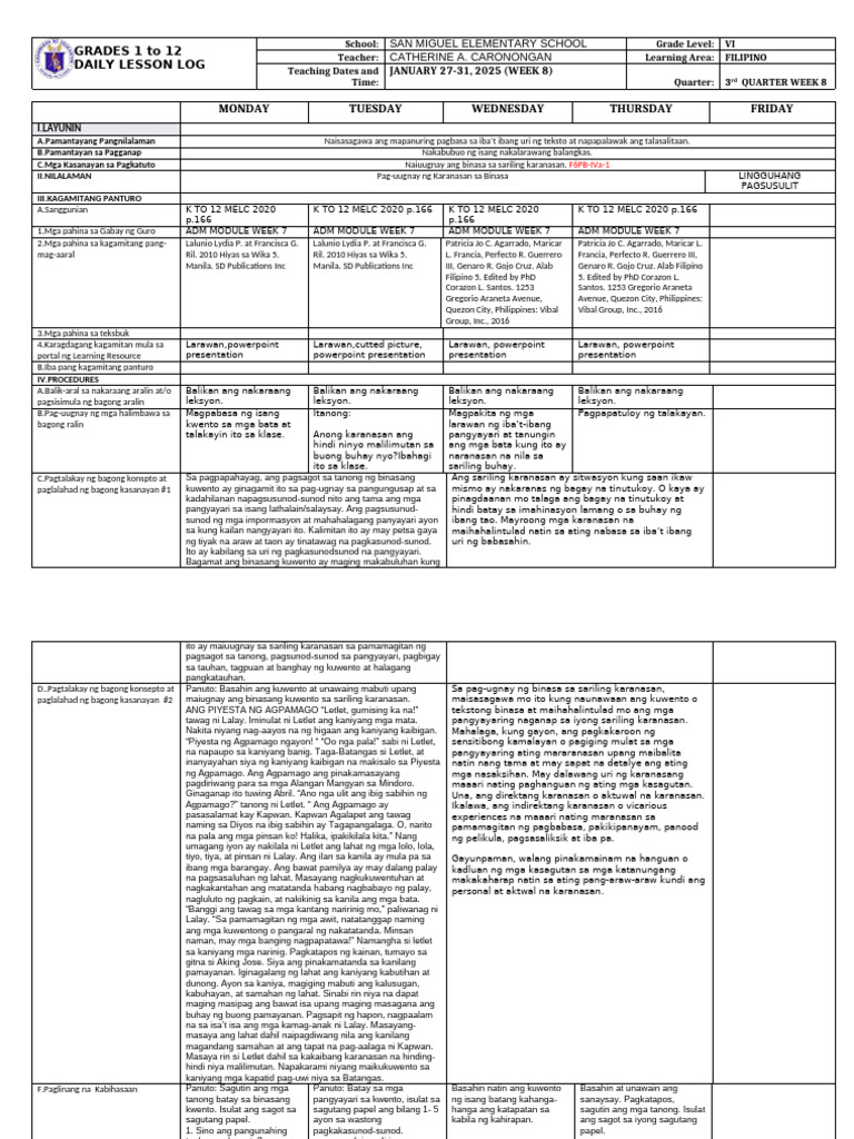 DLL_FILIPINO 6_Q3_W8 | PDF