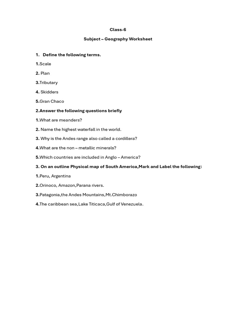 Class 6 Geography Worksheet Guide | PDF