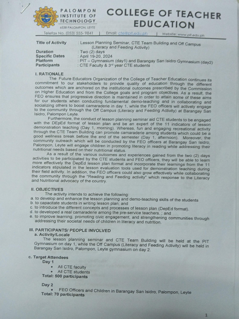 CTE April 19 Seminar and Team Building Proposal | PDF