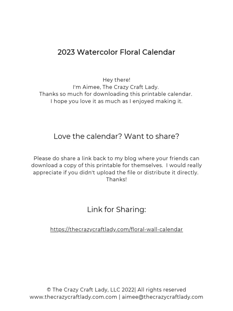 2023 Floral Watercolor Calendar Grid | PDF