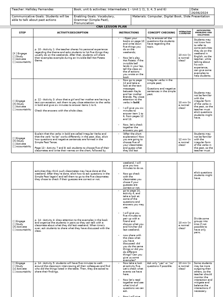 CNA Class Plan Template - Halliday | PDF | Question | Verb