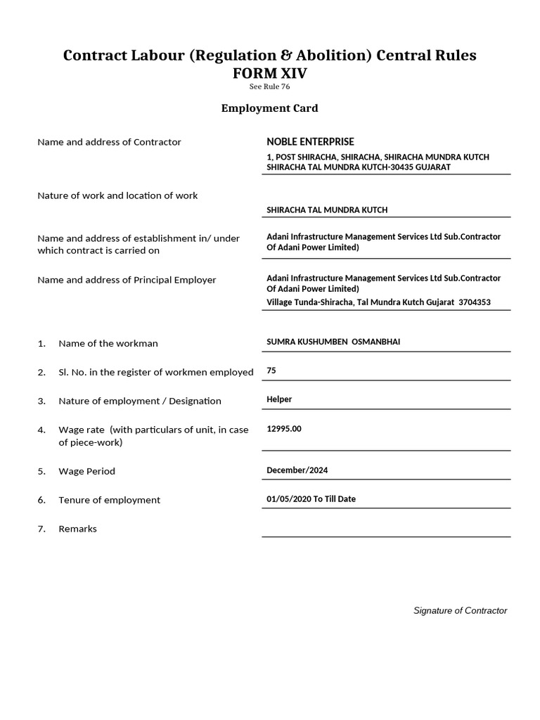 Form 14 Dec 24 | PDF | Employment | Piece Work