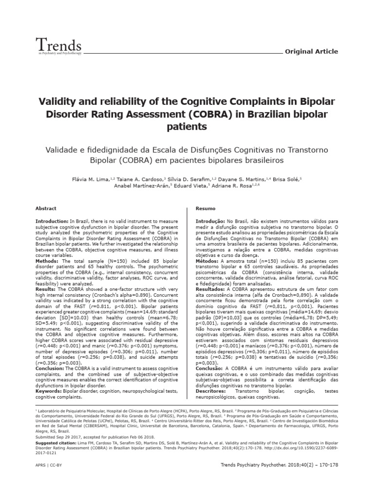 Escala de Disfunções Cognitivas No Transtorno Bipolar. COBRA | PDF ...