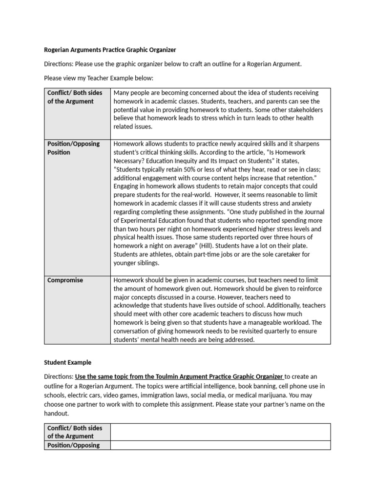 Rogerian Arguments Practice Graphic Organizer | PDF | Homework | Teachers