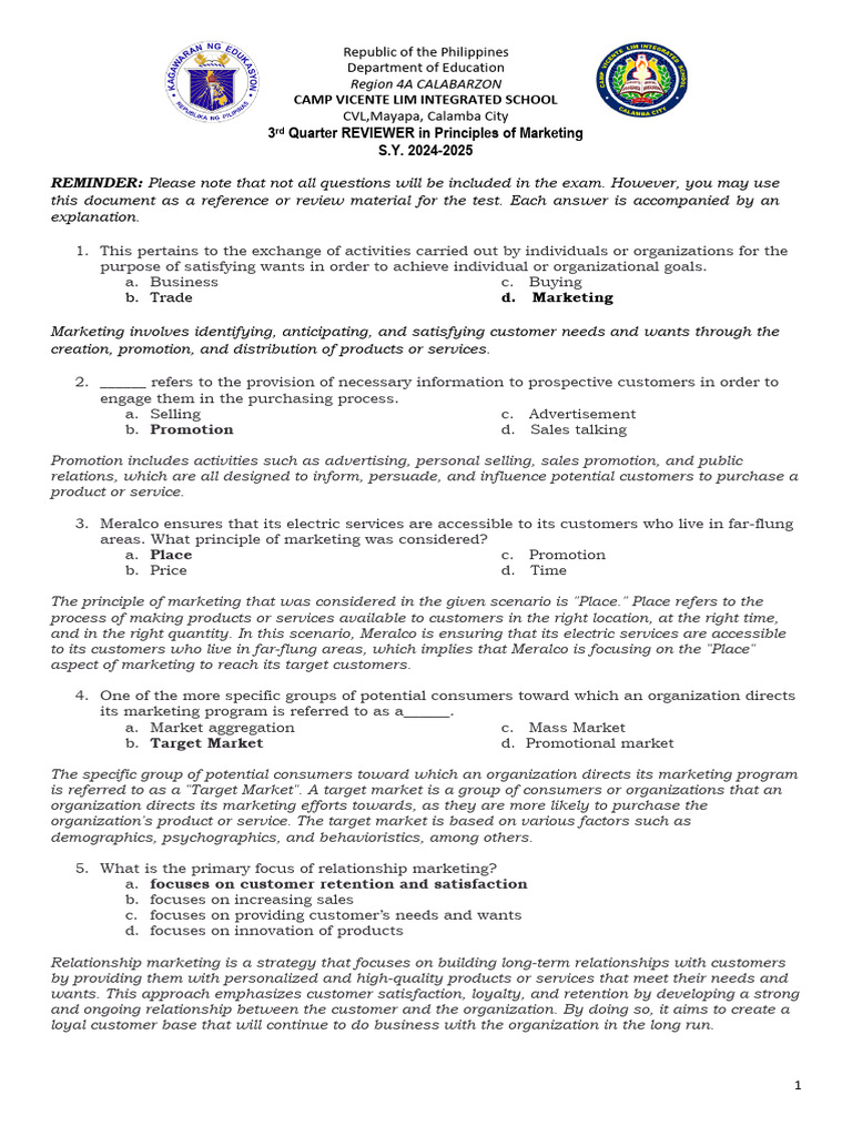 Reviewer - POM With Answers - Ewan Ko Na Lang | PDF | Pricing | Marketing