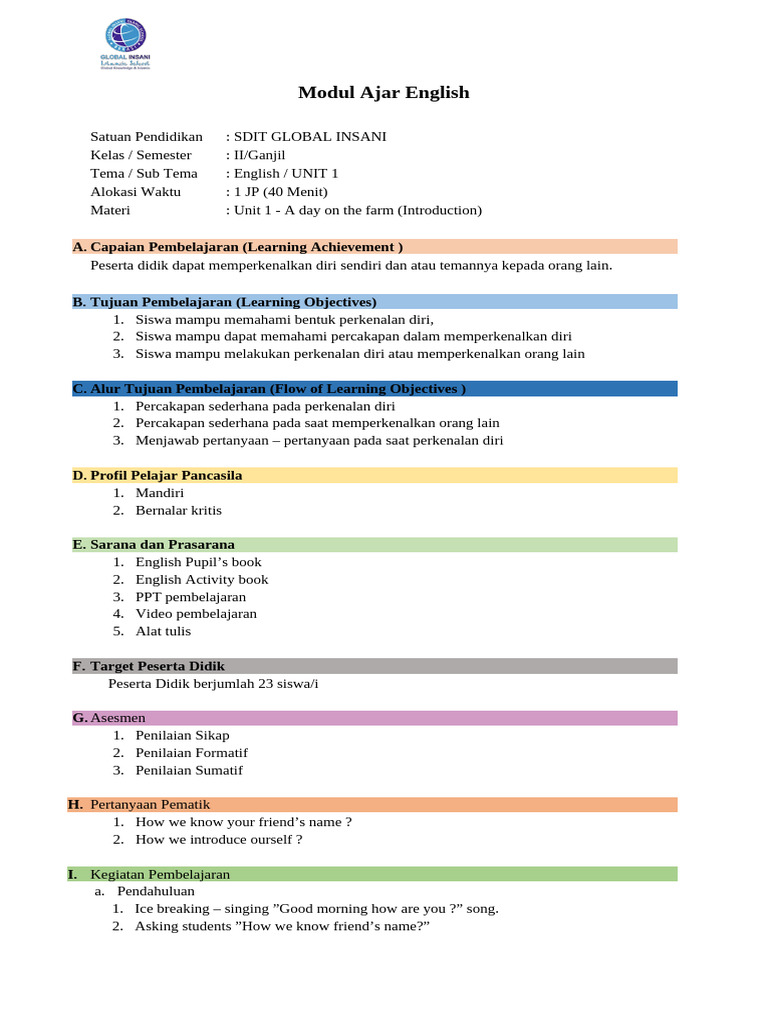Modul Ajar English g2 Pekan 1 | PDF