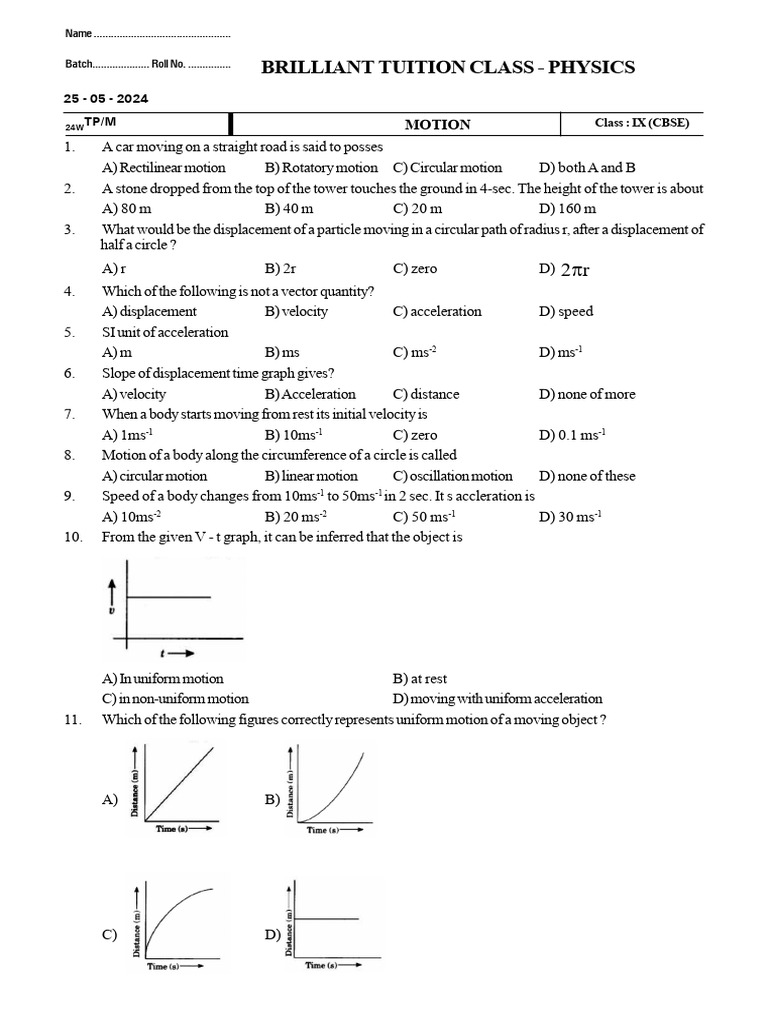 Class Ix (Motion) 25-05-2024 (BTC Cbse) | PDF | Acceleration | Velocity