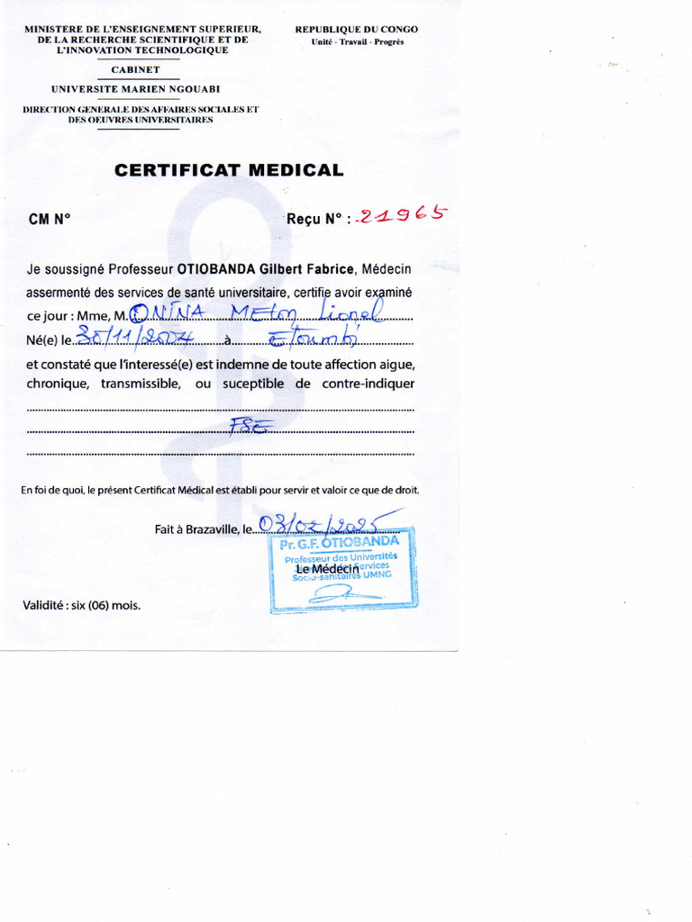 certificat médical ONINA20250202 | PDF