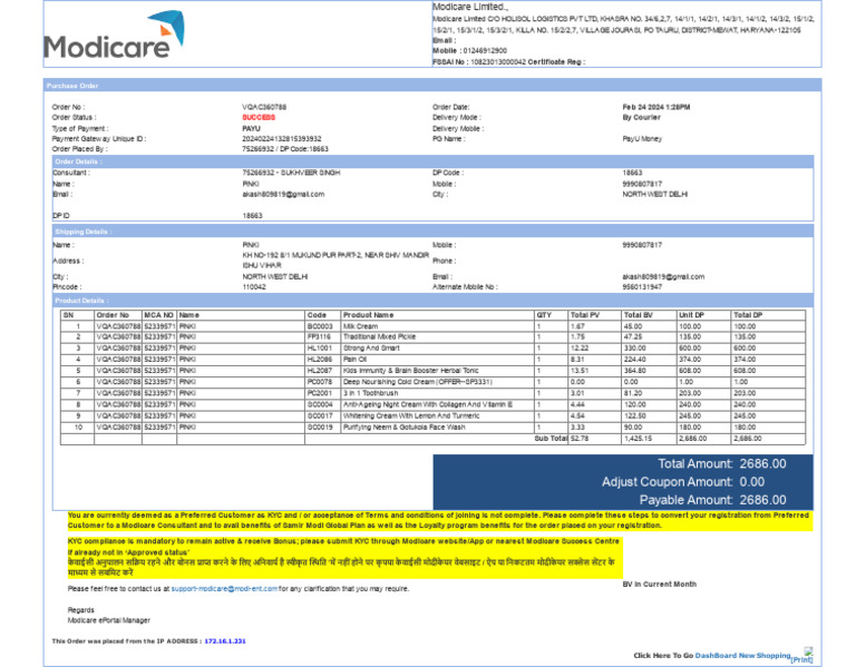 Modicare - Order Preview 2 | PDF