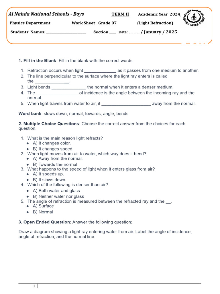 Grade 7 Physics: Light Refraction Worksheet | PDF