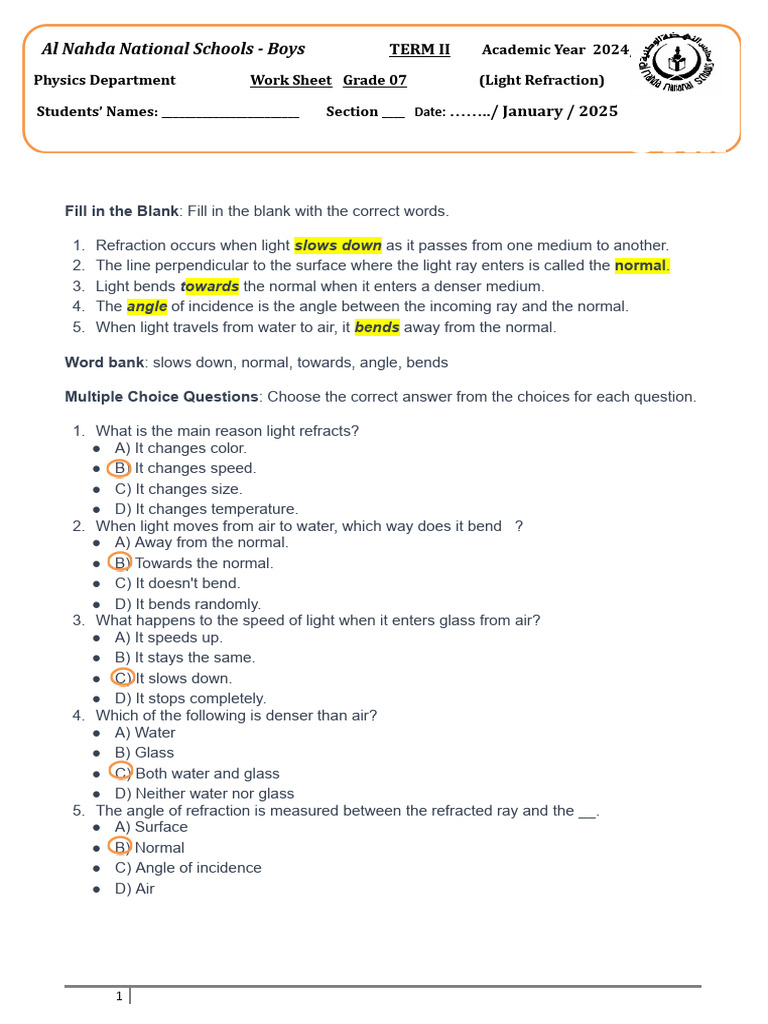 Grade 7 Physics: Light Refraction Worksheet | PDF | Refraction | Light