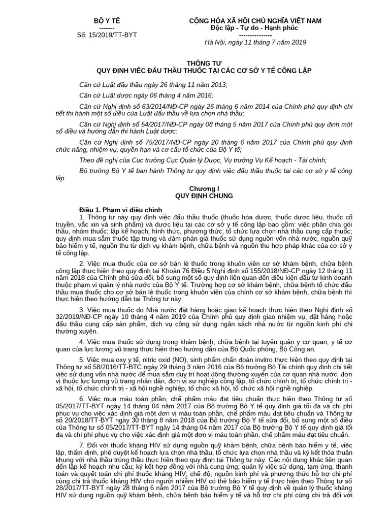 Thong Tu 15 2019 TT Byt Quy Dinh Ve Dau Thau Thuoc Tai Cac Co So y Te Cong Lap | PDF