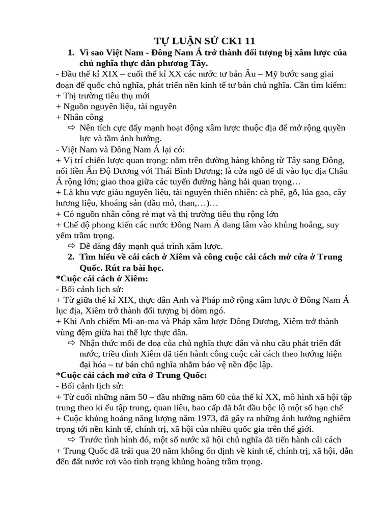 TỰ LUẬN SỬ CK1 11 | PDF