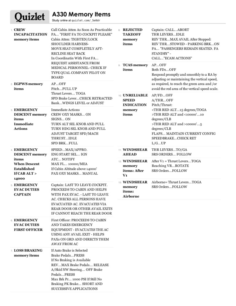 A320/A330 Memory Items Overview | PDF | Technology & Engineering
