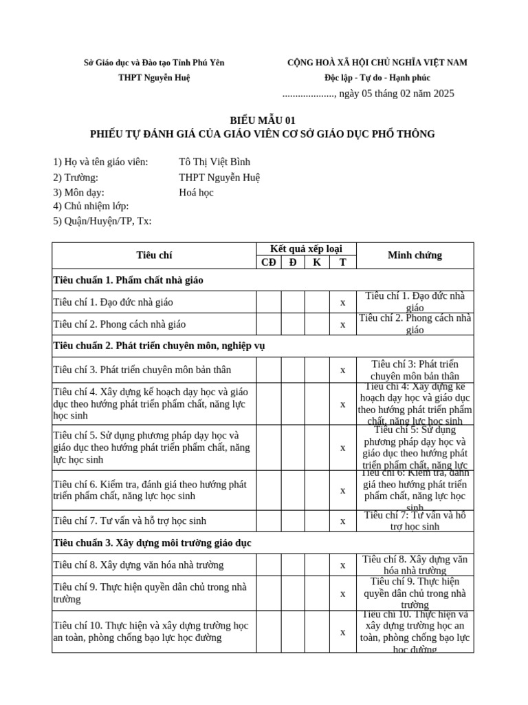 Bieu Mau 01 Phieu Tu Danh Gia Cua Giao Vien Co So Giao Duc Pho Thong | PDF