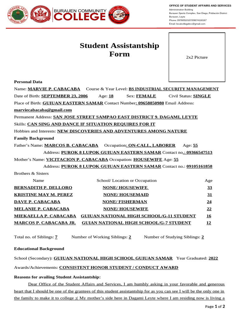 Student Assistantship Form | PDF