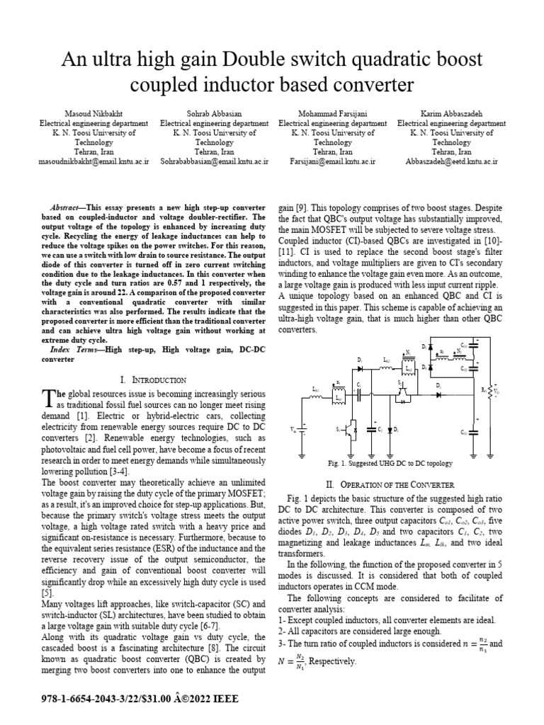 An Ultrahigh Gain Double Switch Quadratic Boost | PDF | Electric Power | Electronic Engineering
