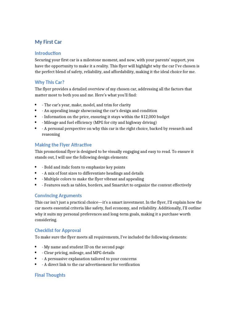 My First Car Assignment Original | PDF