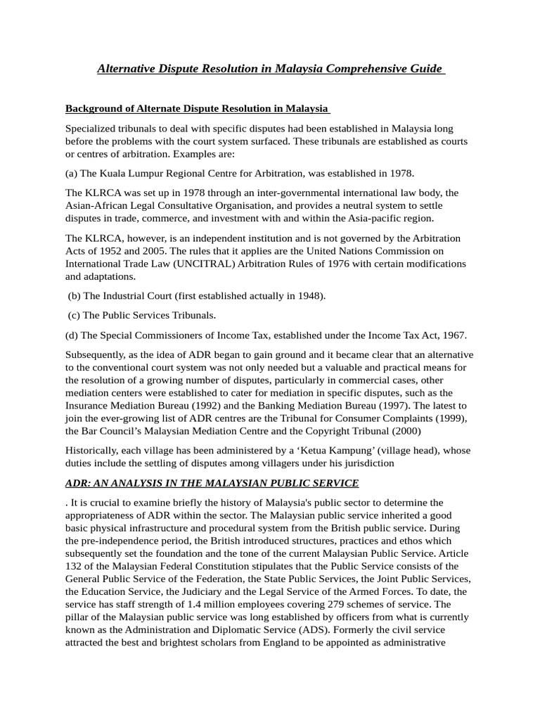 Alternative Dispute Resolution in Malaysia Comprehensive Guide | PDF ...