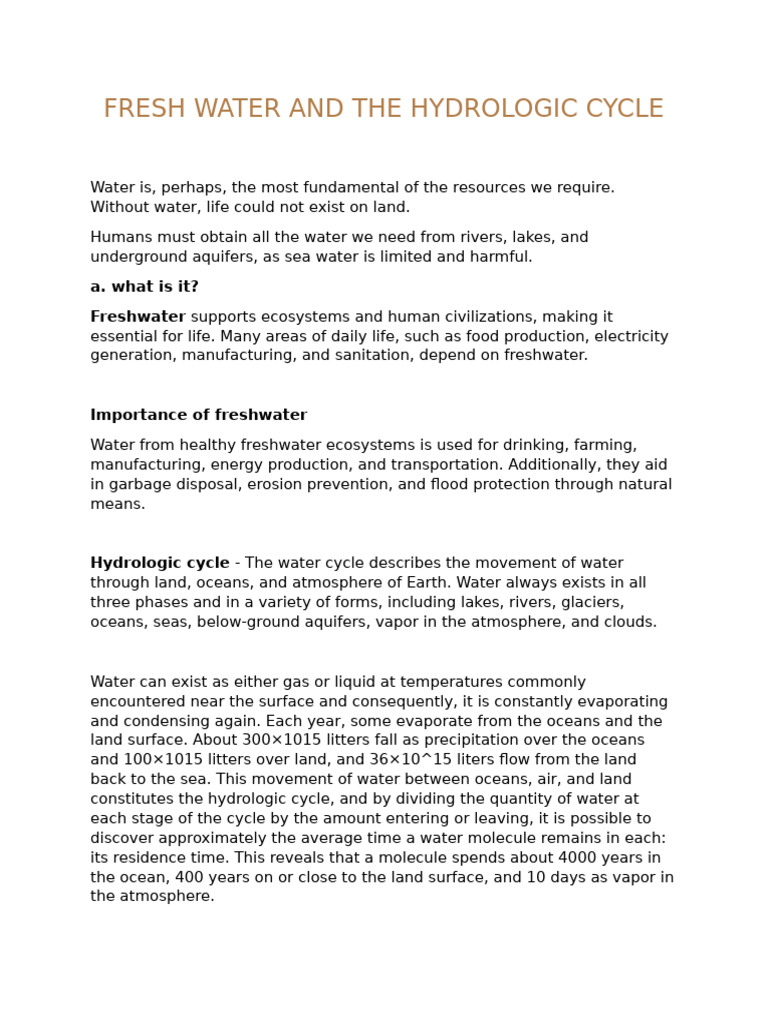 Understanding Freshwater and the Hydrologic Cycle | PDF | Water | Water ...