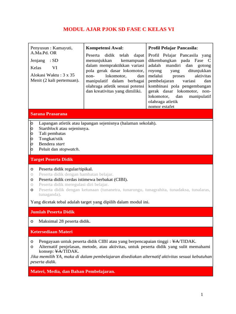 06 Pjok Modul Ajar Fase C Kelas 6 Lari Estafet | PDF
