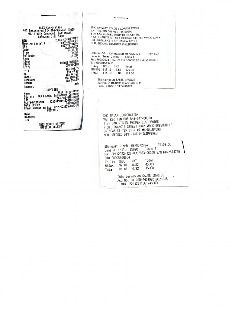 Toll Receipts TRF | PDF