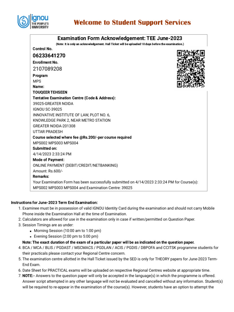 IGNOU__ Examination Form Acknowledgement | PDF | Banking Technology ...