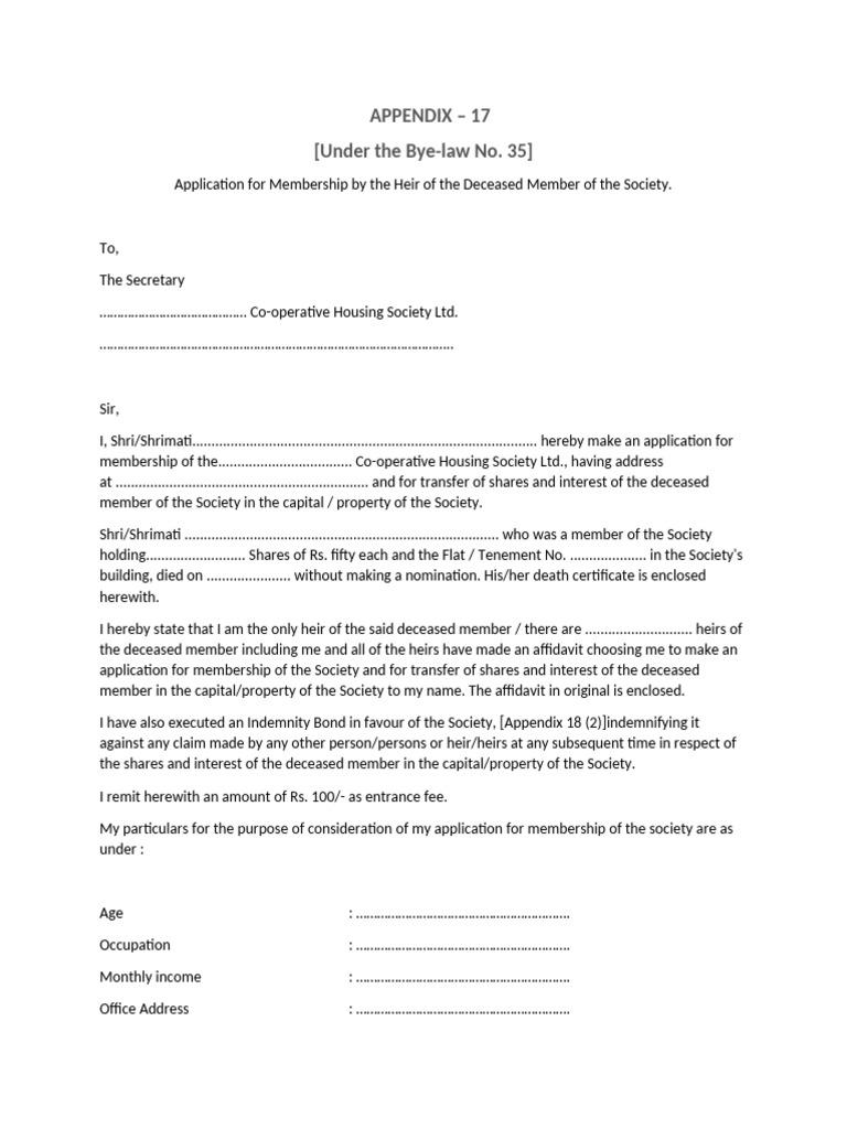 Membership Application for Deceased Member's Heir | PDF | Private Law ...