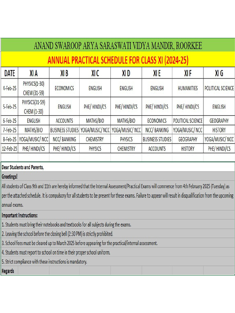 Date Sheet 11th Practical | PDF