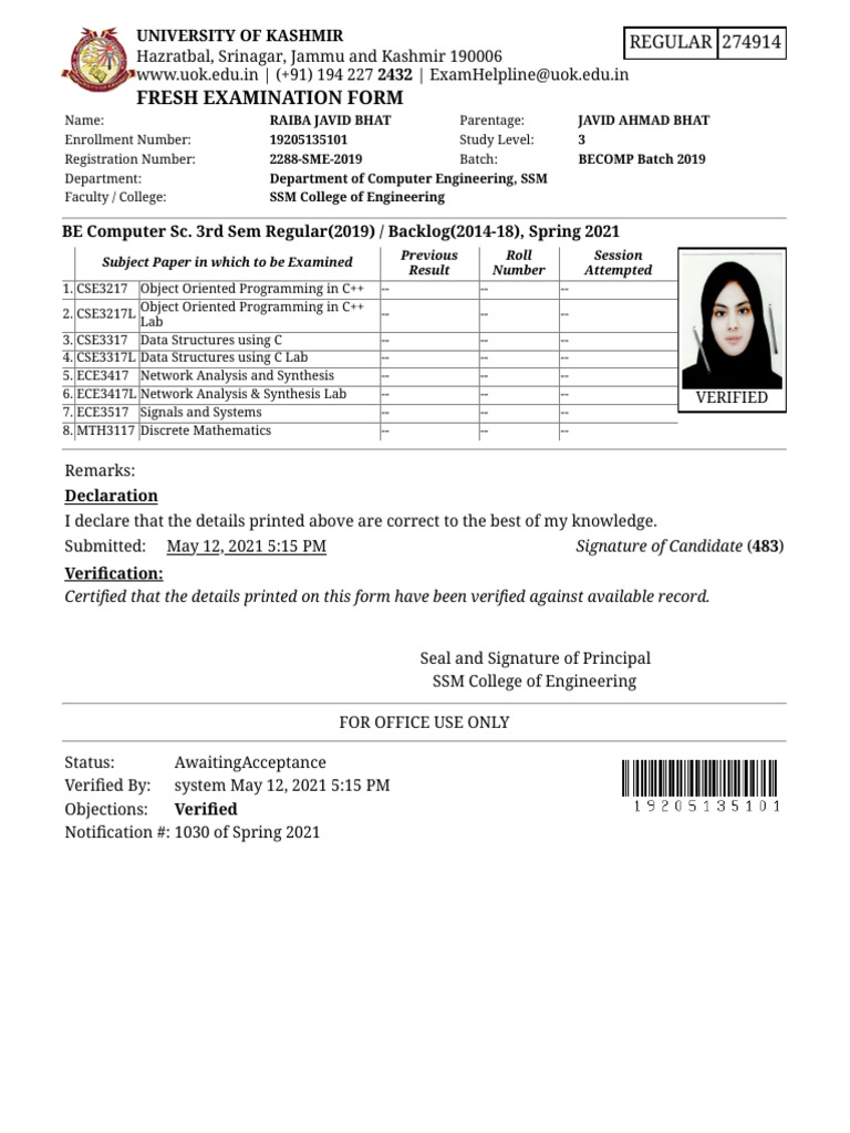 Examination Form Printout | PDF