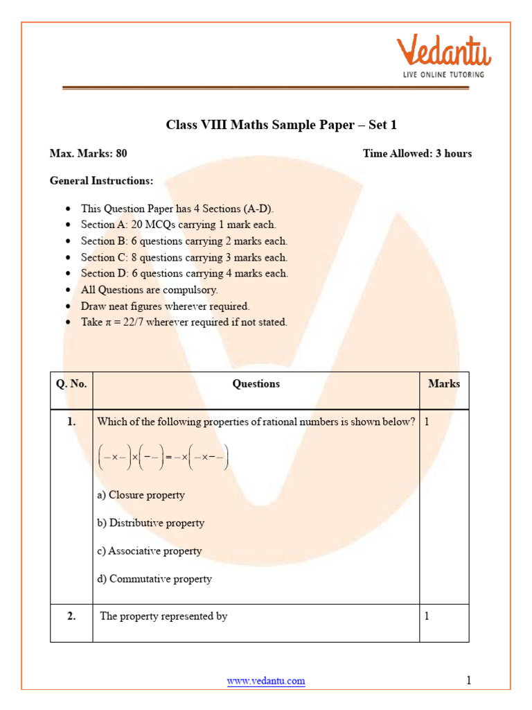 CBSE Class 8 Maths Sample Question Paper (Set 1) 2024-25 FREE PDF | PDF ...