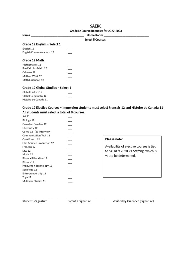 SAERC Grade 12 Course Selection Sheet 2022-23 | PDF