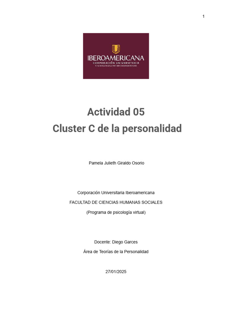 Actividad 05 - Cluster C de La Personalidad Diego Garces | PDF