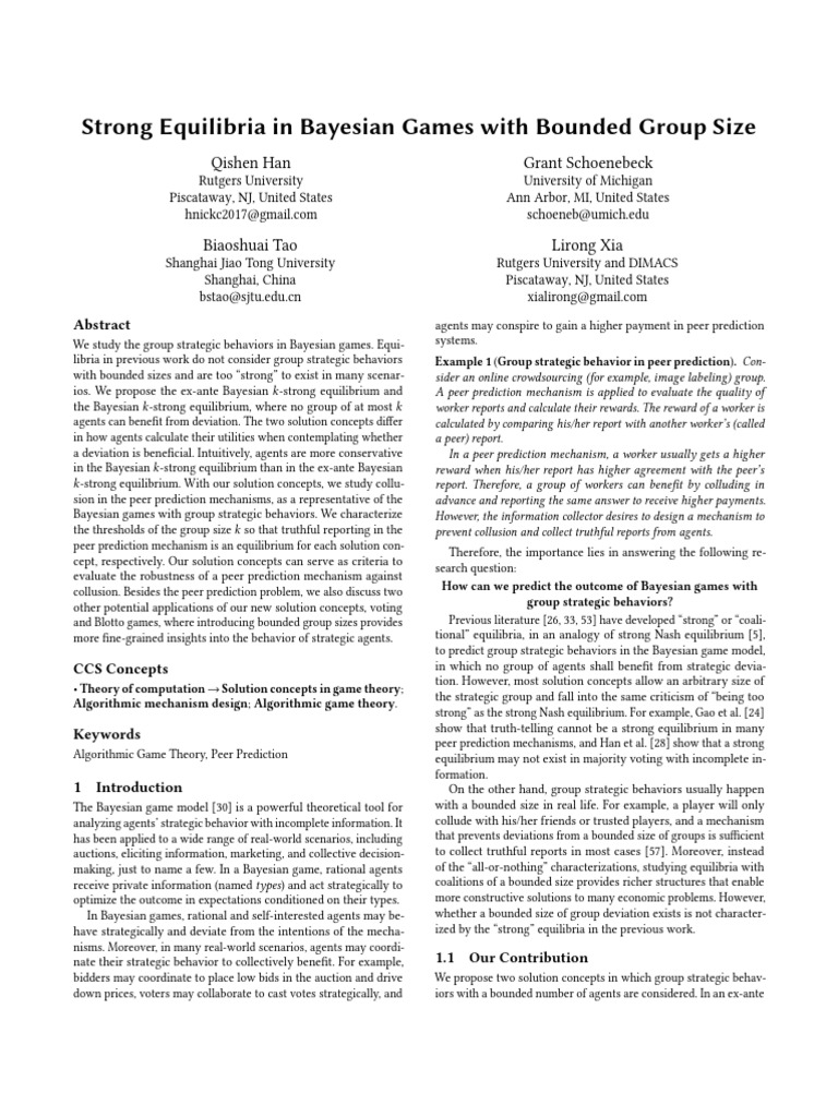 Bounded Group Strong Equilibria in Bayesian Games | PDF | Economic ...
